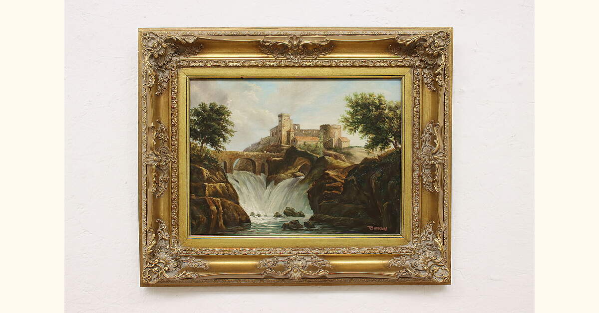 Waterfall Castle Vintage Original Oil Painting Hodson 23.5"