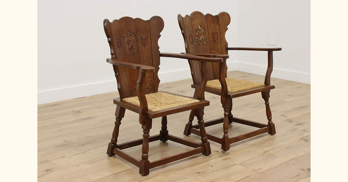 Pair of Tudor Vintage Oak Chairs Carved Coat of Arms