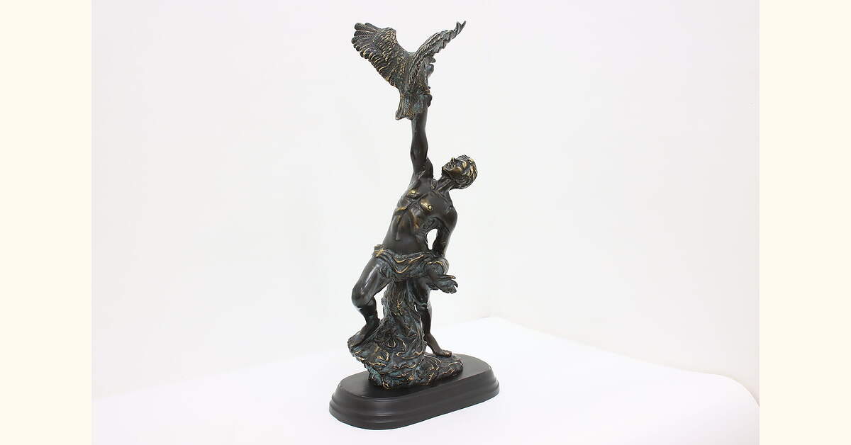 Bronze Vintage Sculpture Man & Eagle after Baralis 24" Tall