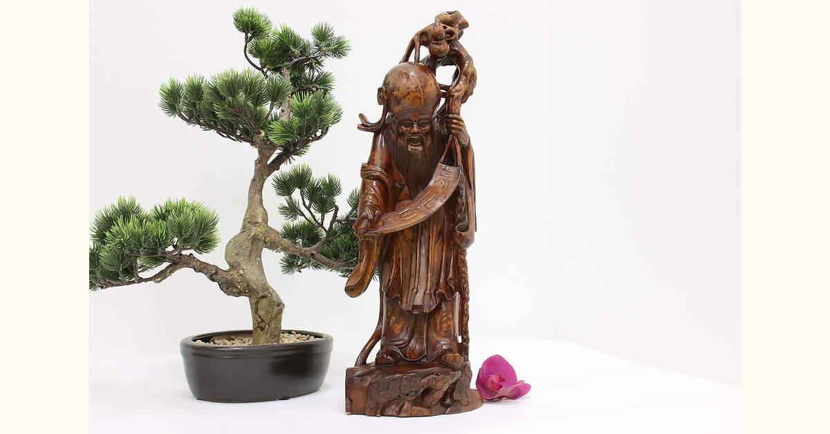 Chinese Antique Carved Teak Shou Lao Longevity God Sculpture