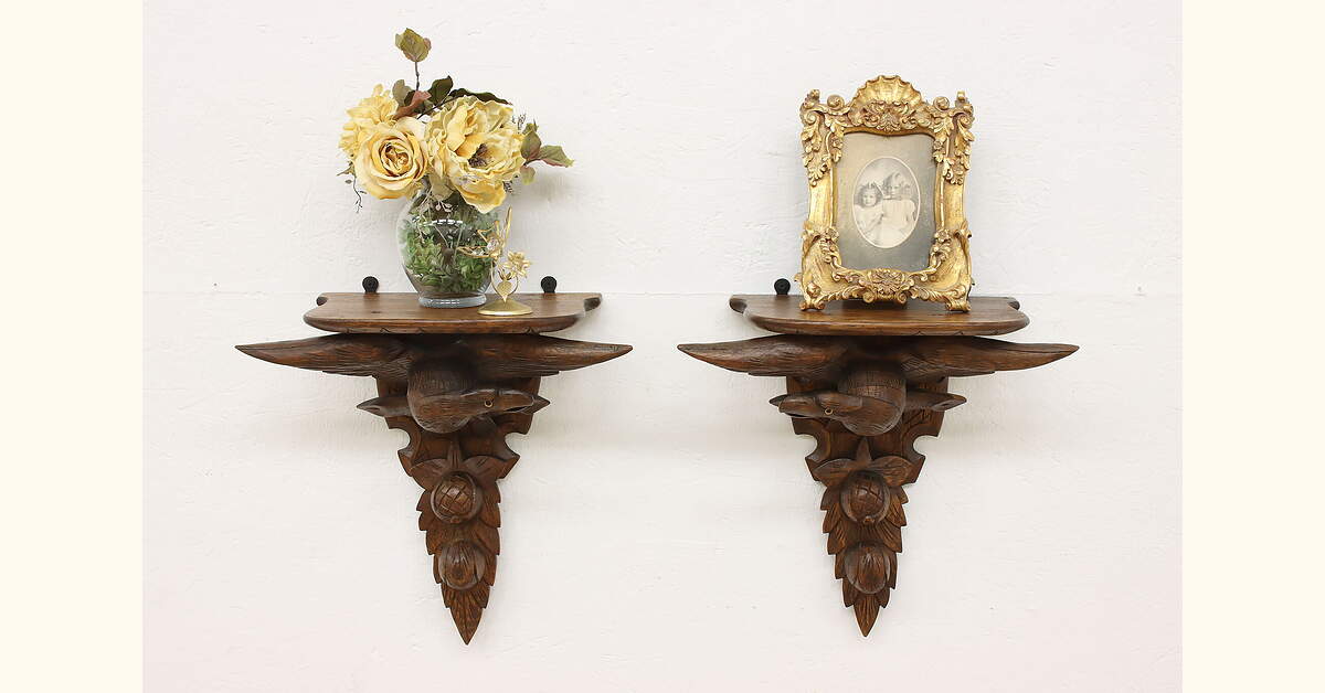 Pair Folk Art Antique Oak Carved Eagle Wall Display Shelves